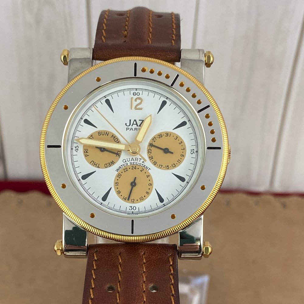 Vintage Jaz Paris Chronograph Triple Date Watch Nib - Gem